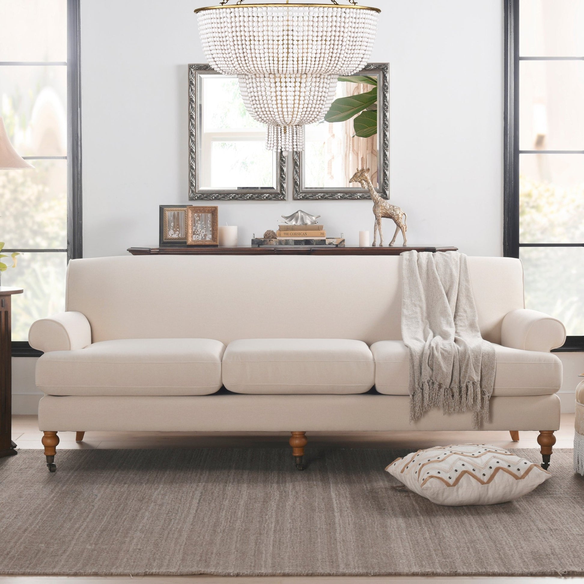 Creations Upholstered Sofa with Metal Casters and 3 Cushions Tightback ...