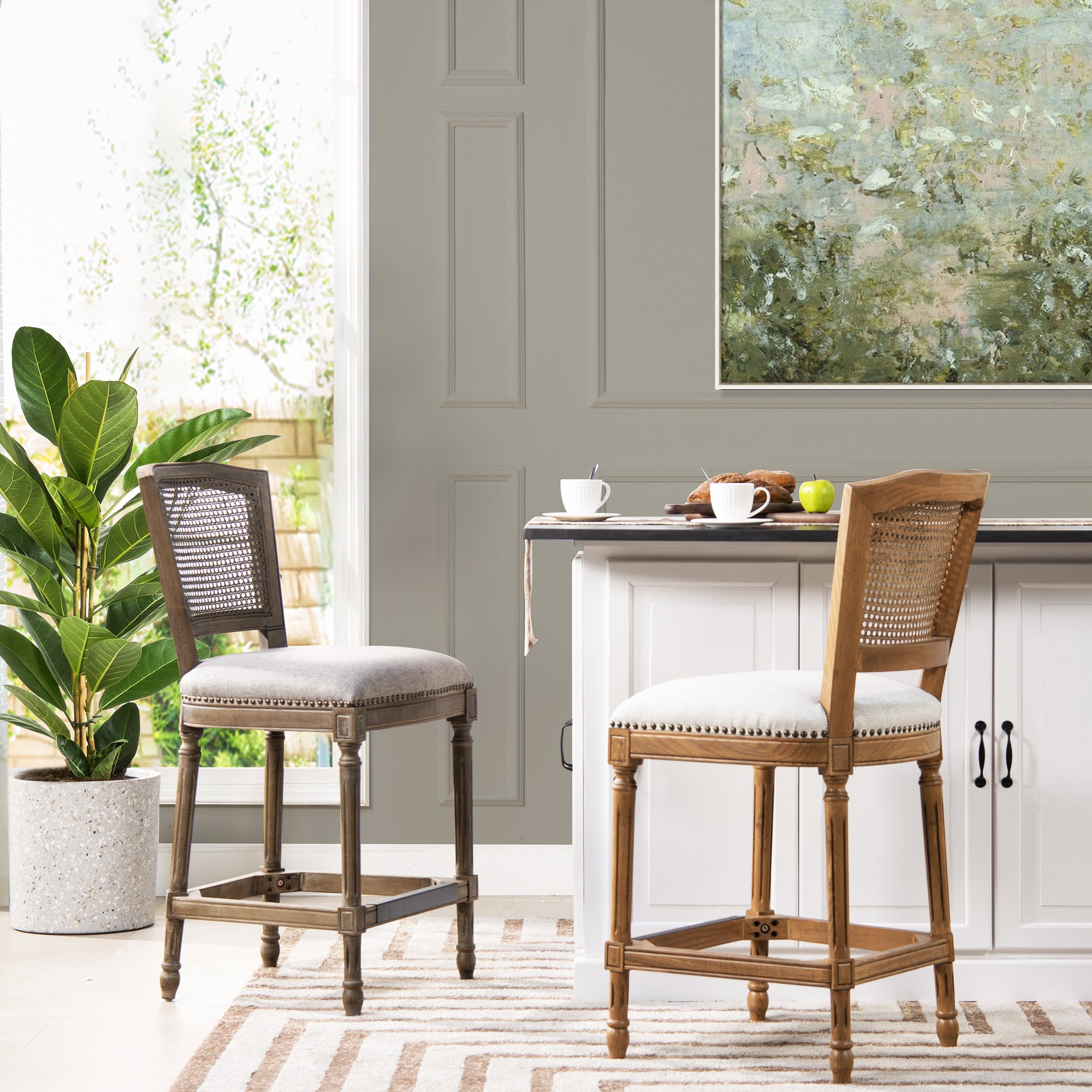 Armless Bar Stool with Nailhead Trim and Rattan High Back - Pier 1