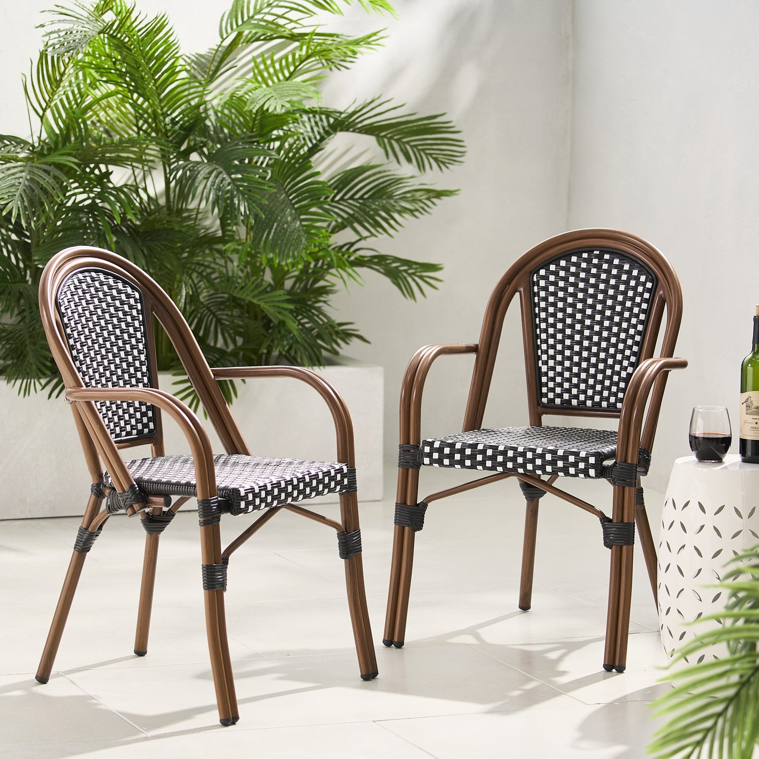 Crowned Wicker Bistro Chair with Checkered Pattern and Curved Arms, Set ...