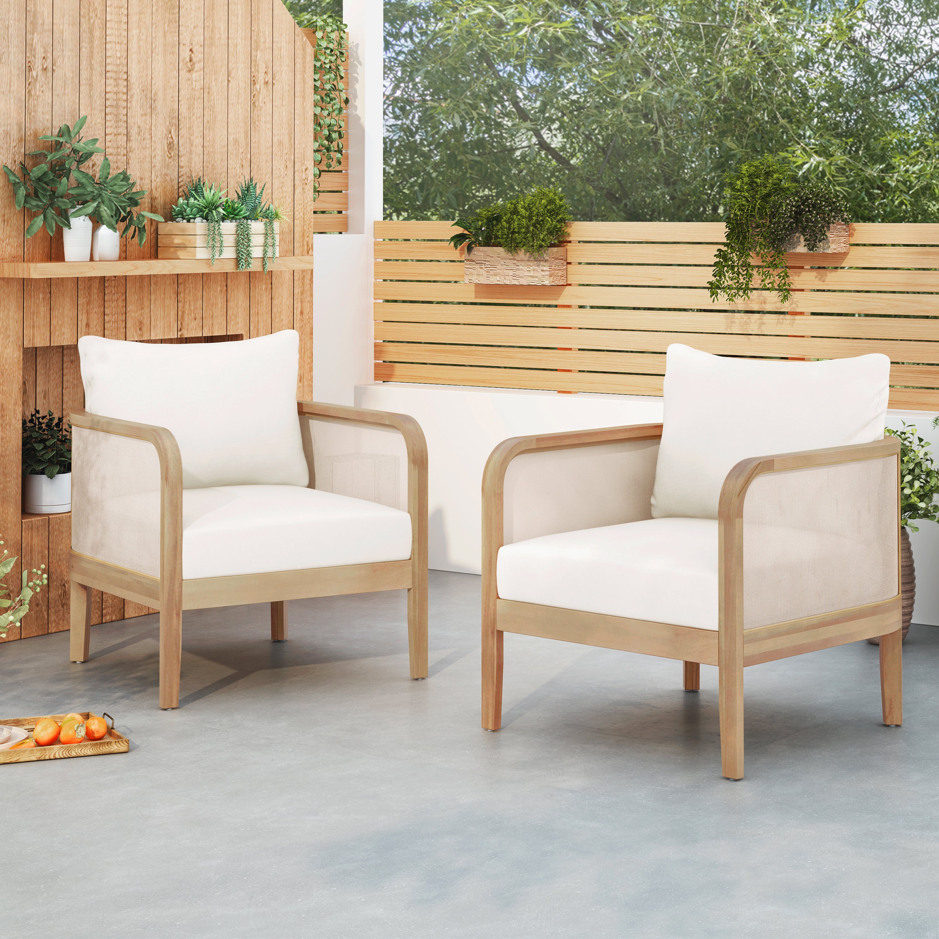 Outdoor Club Chair with Curved Armrests and Wooden Frame, Set of 2 - Pier 1