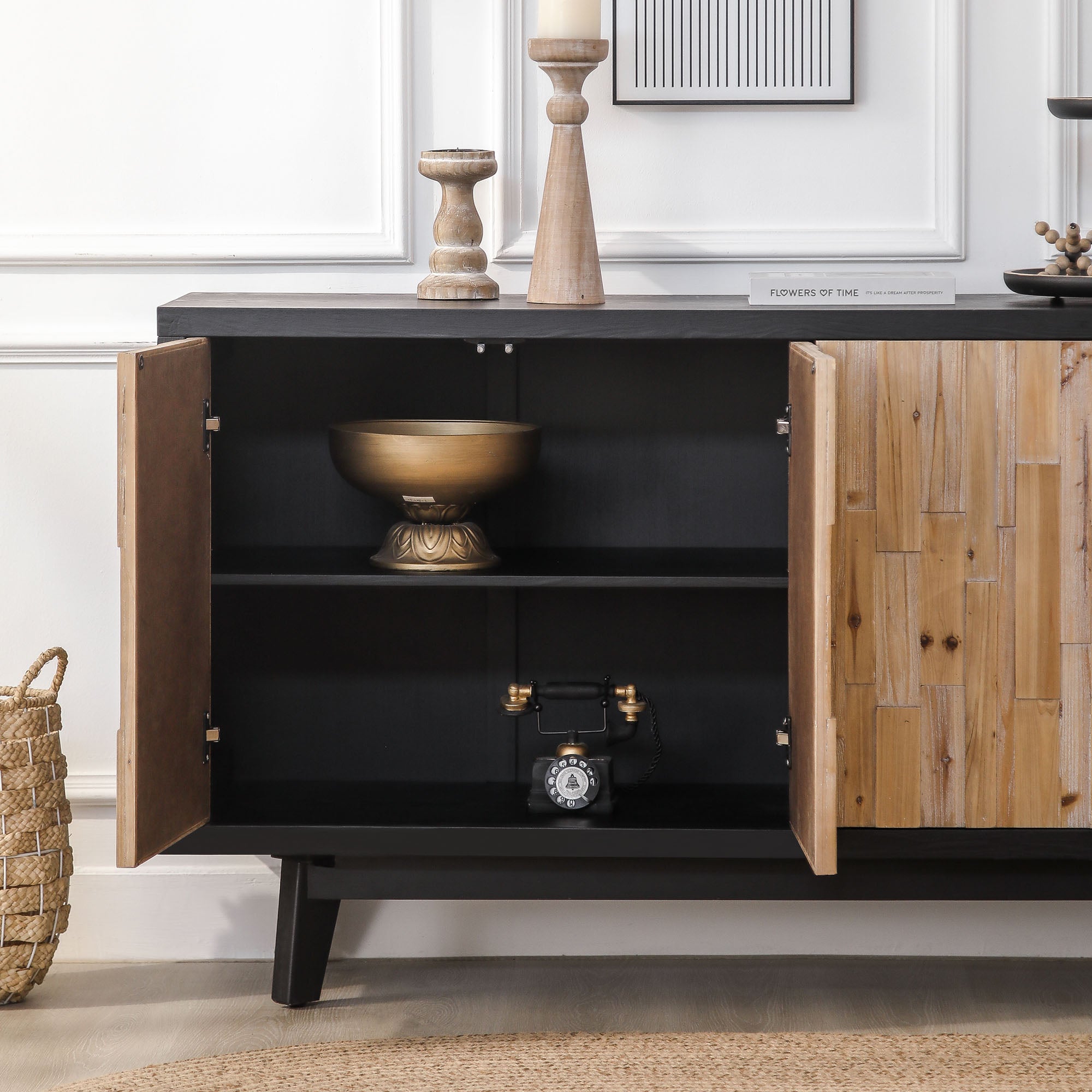 Wooden 4-Door Storage Cabinet with Textured Geometric Design - Pier 1