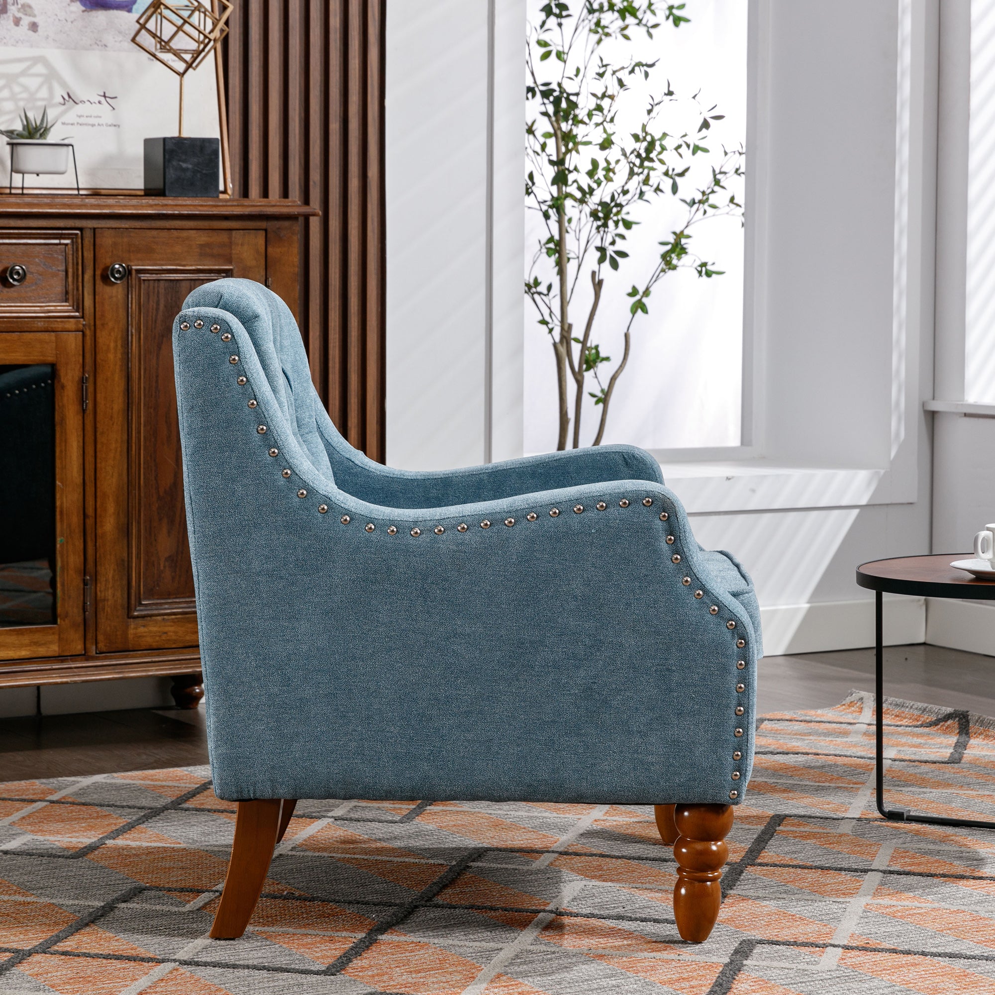 Button-Tufted Upholstered Accent Chair with Nailhead Trim and Turned ...