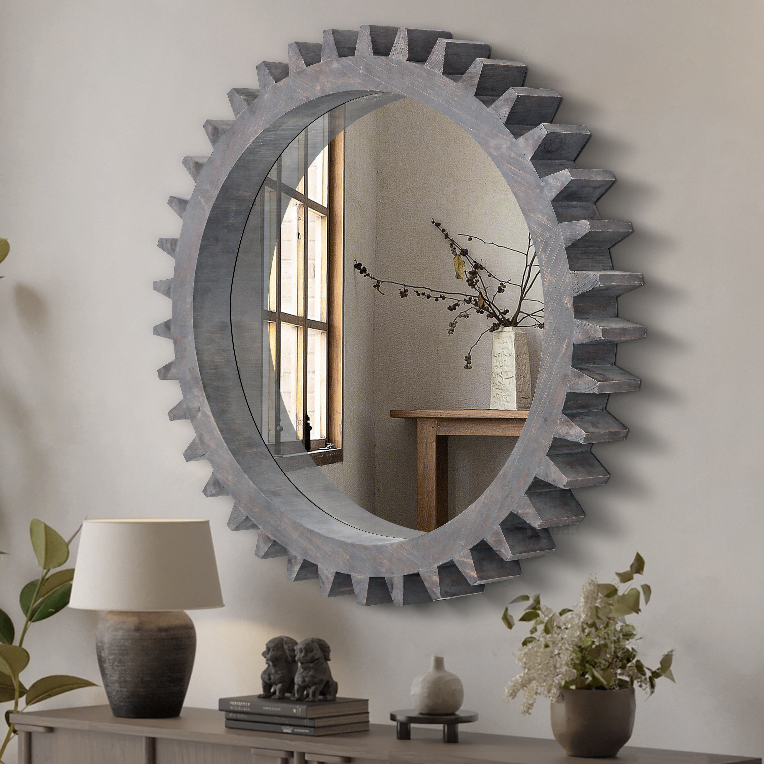 Harmonyx Wall Mirror with Gear Shape and Wood Frame - Pier 1