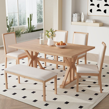 6-Piece Dining Set with Trestle Base, Upholstered Dining Bench and 4 ...