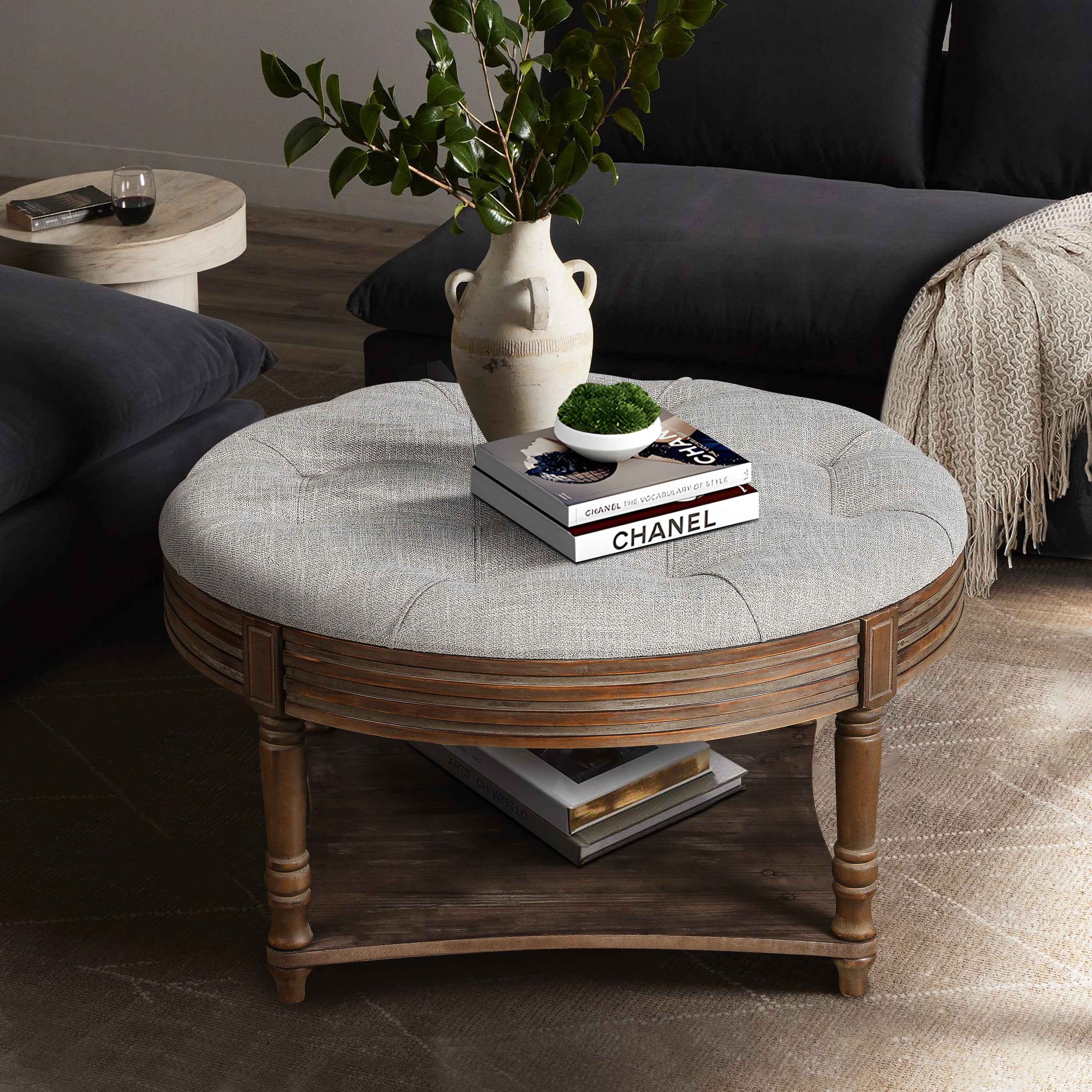 Captains Large Round Upholstered Ottoman with Bottom Shelf - Pier 1