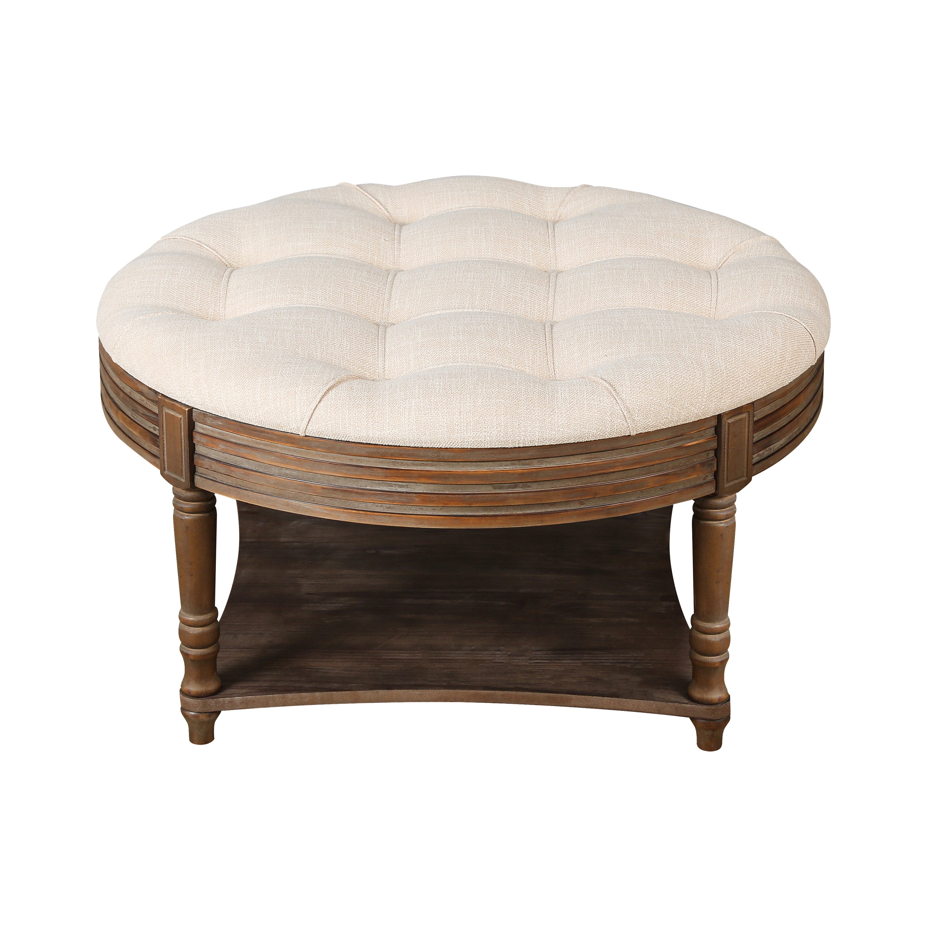 Captains Large Round Upholstered Ottoman with Bottom Shelf - Pier 1