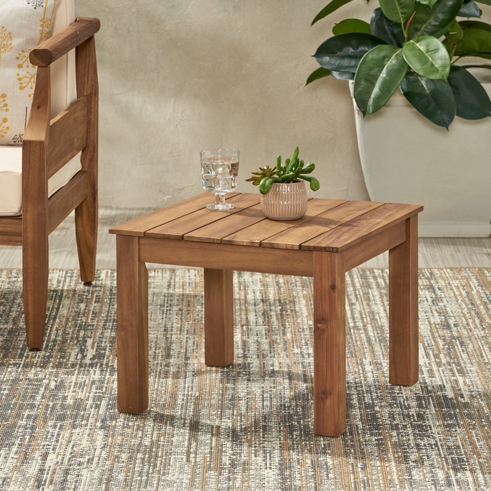 Halcyon Outdoor Side Table with Slat Design and Acacia Wood Frame - Pier 1