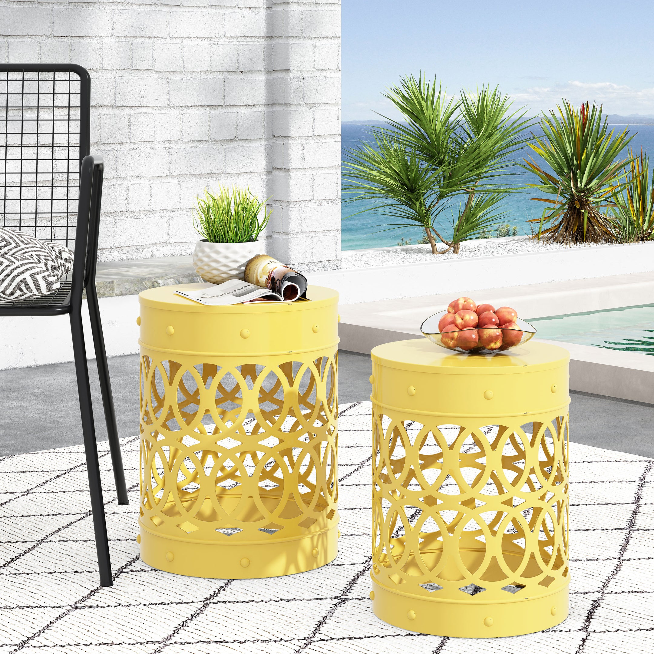 Symmetry Yellow Outdoor Cylindrical End Table with Overlapping Circle ...