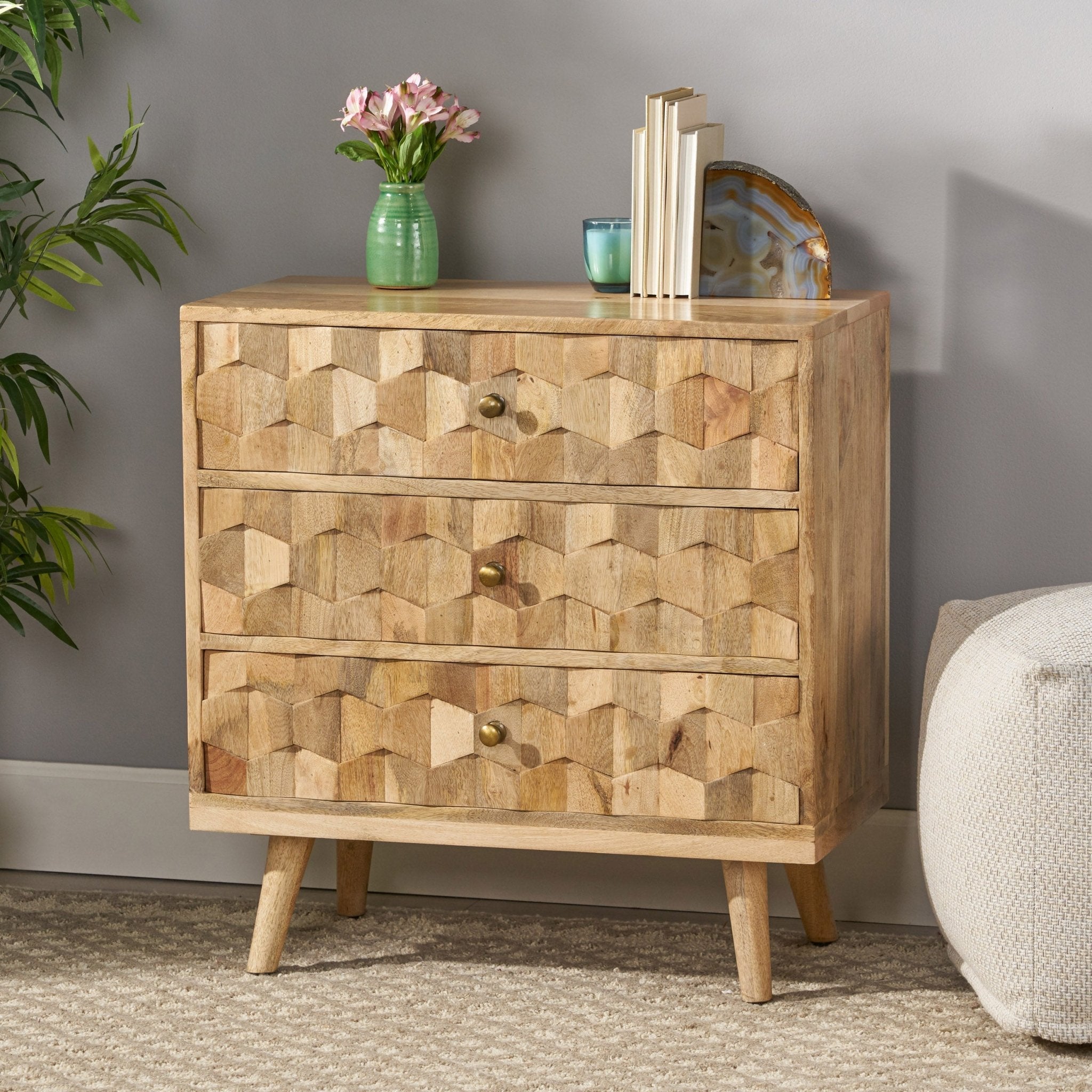 Mango Wood 3-Drawer Chest with 3D Tile Weave Design - Pier 1