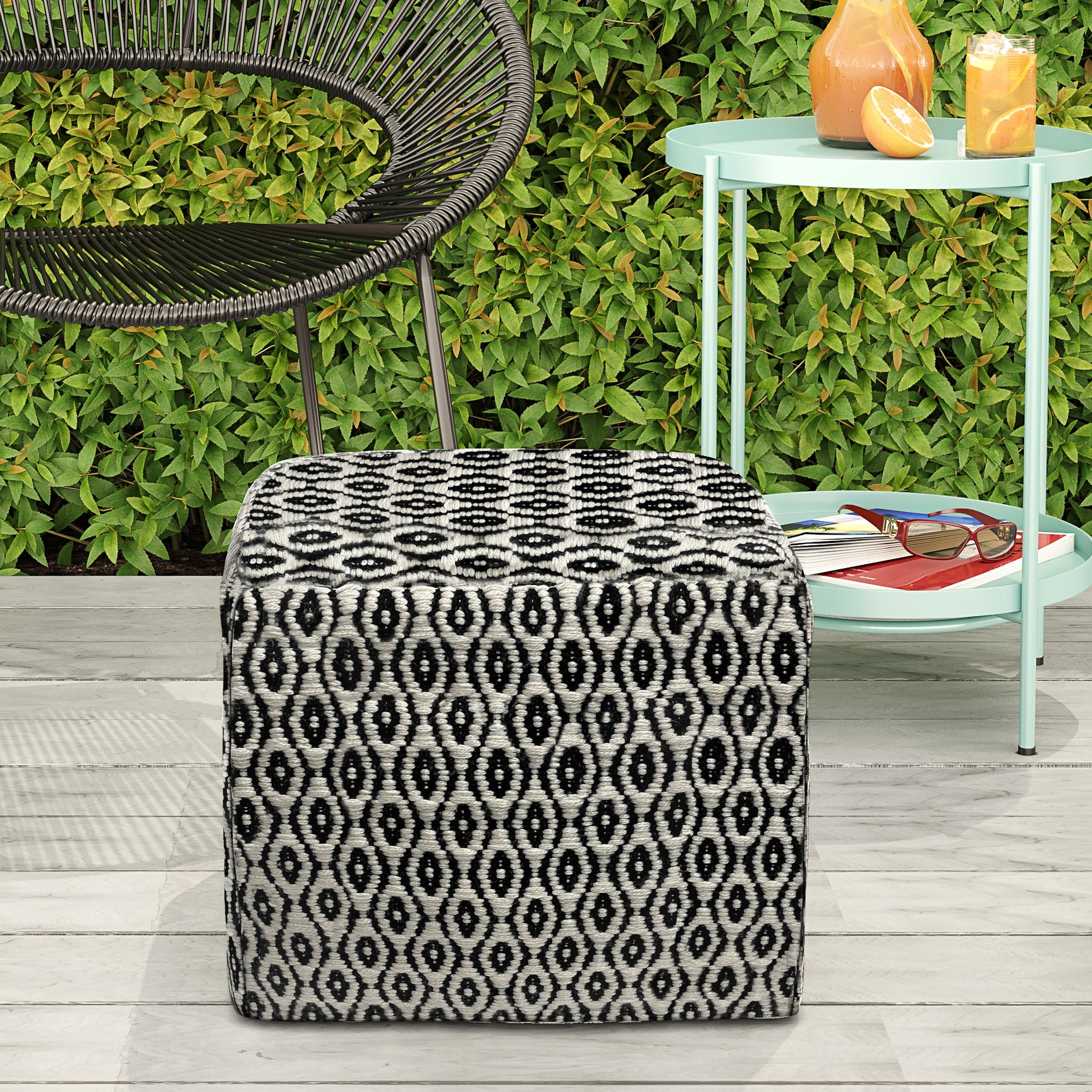 Outdoor Square Woven Pouf with Geometric Pattern - Pier 1