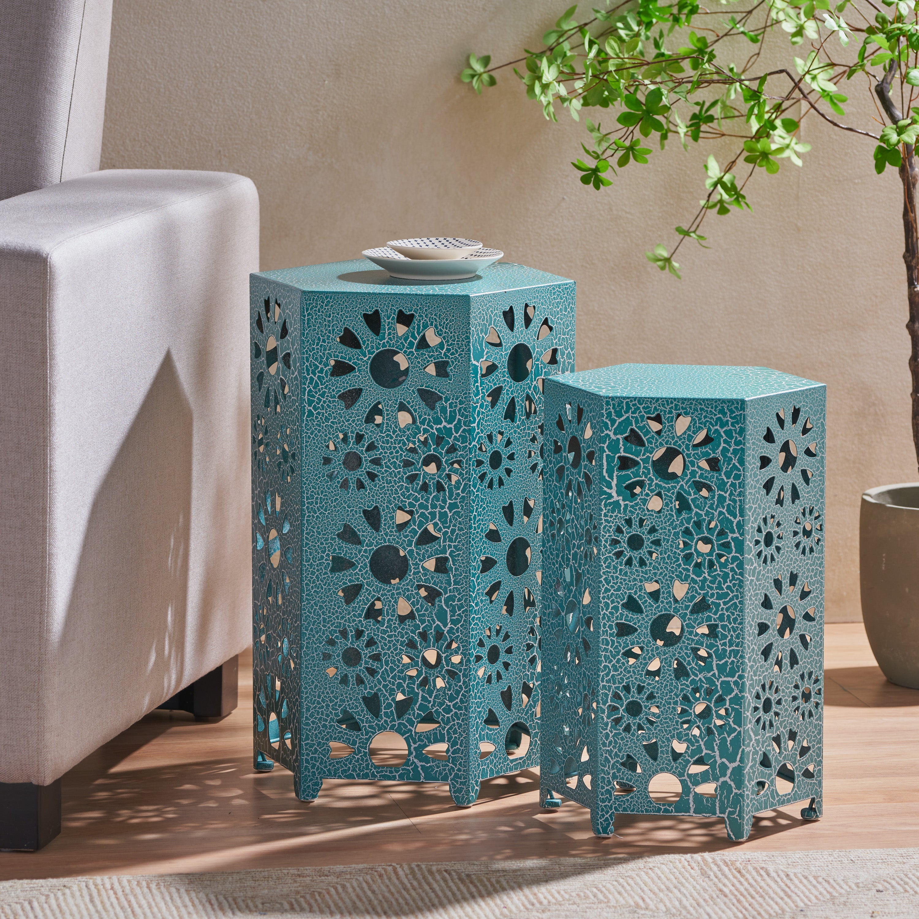 Enshrine Outdoor Iron Side Table with Sunburst Cut Out Design - Pier 1