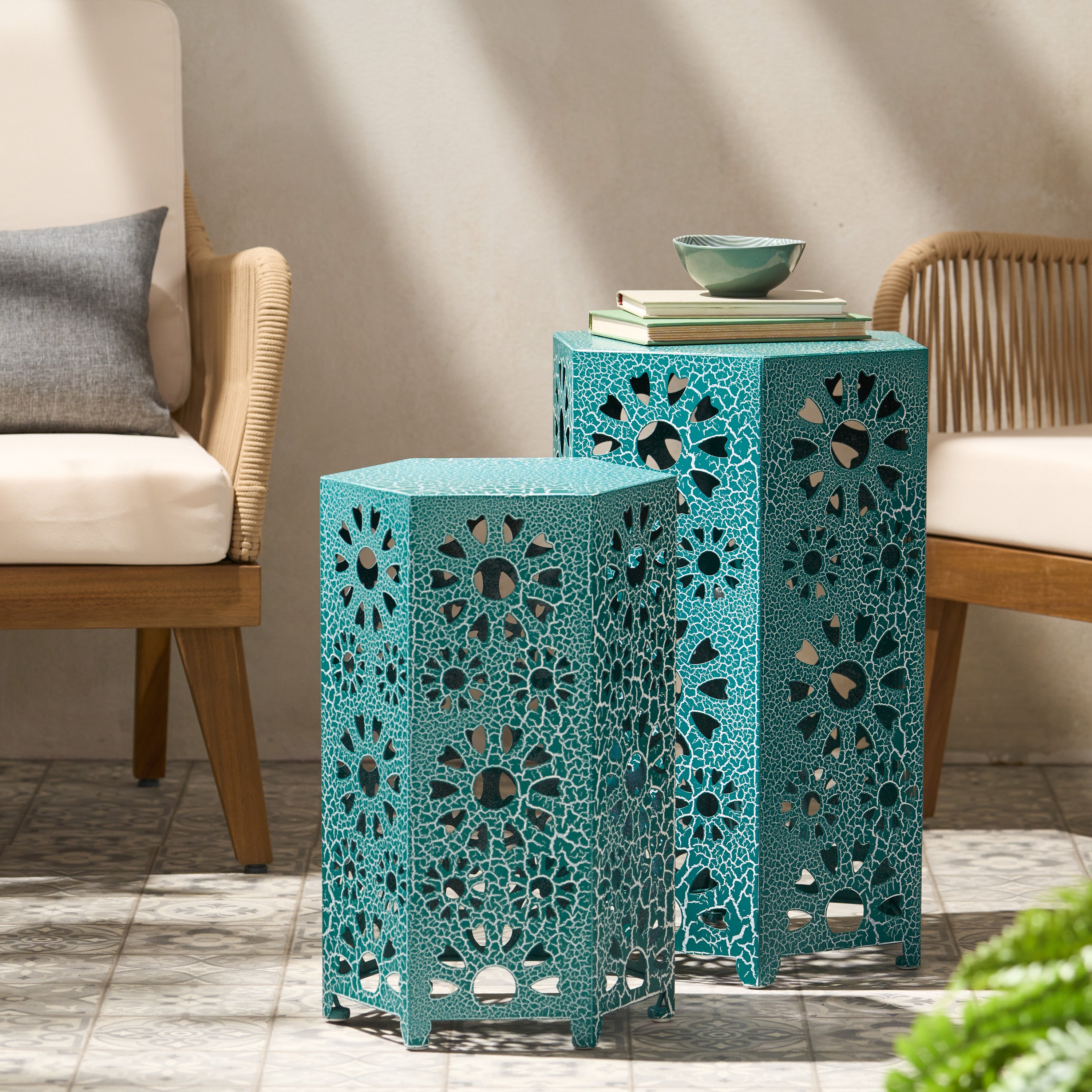 Enshrine Outdoor Iron Side Table with Sunburst Cut Out Design - Pier 1