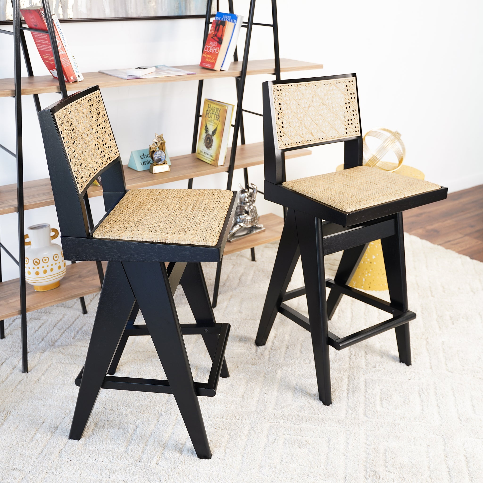 Rattan Bar Stool with Footrest and Open Back Design, Set of 2 - Pier 1