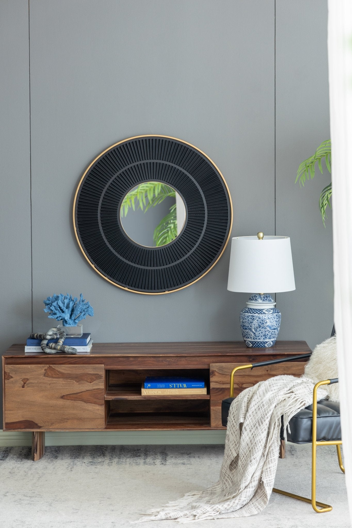 Round Wall Mirror with Carved Pleated Pattern - Pier 1