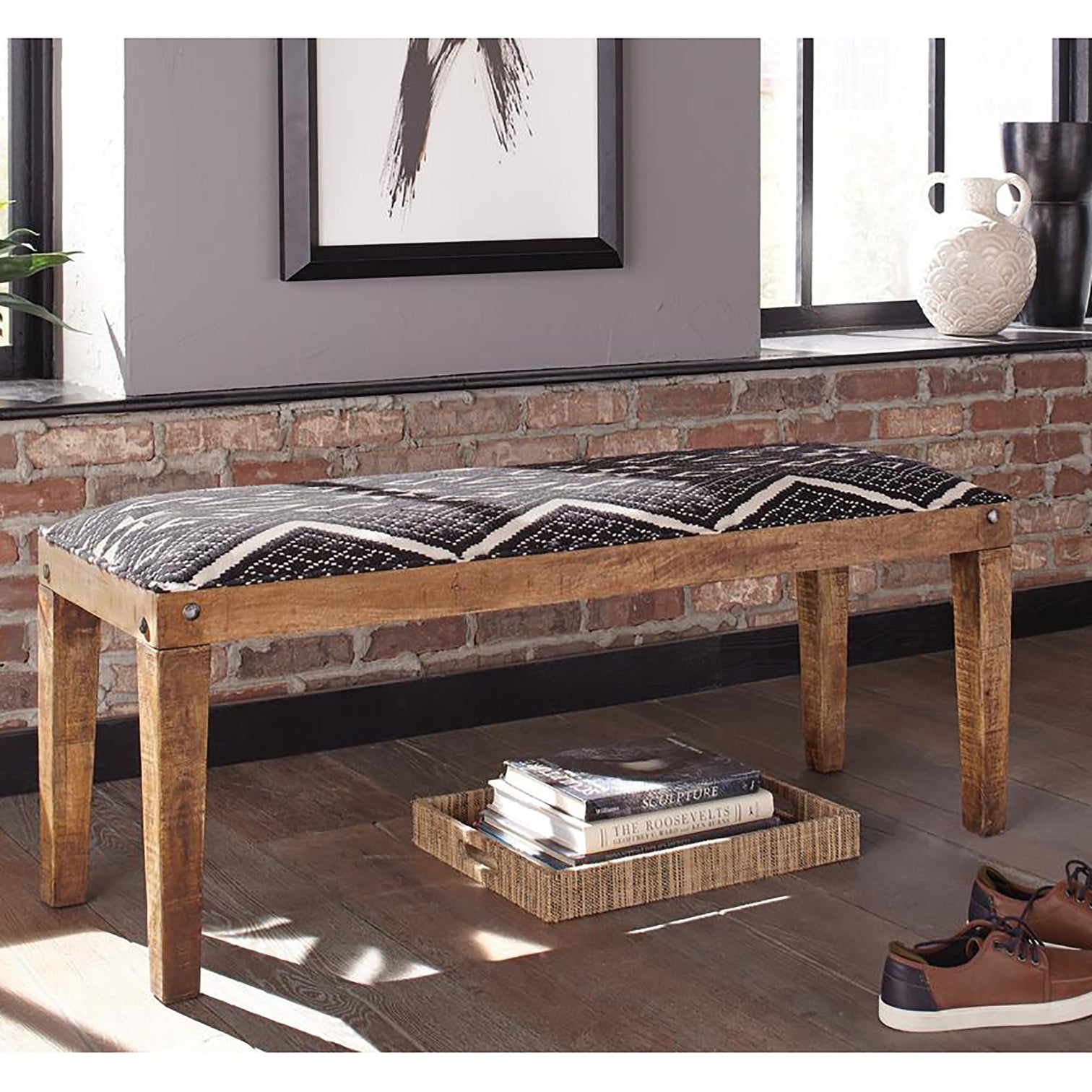 Upholstered Bench with Tapered Legs and Geometric Pattern Seat - Pier 1