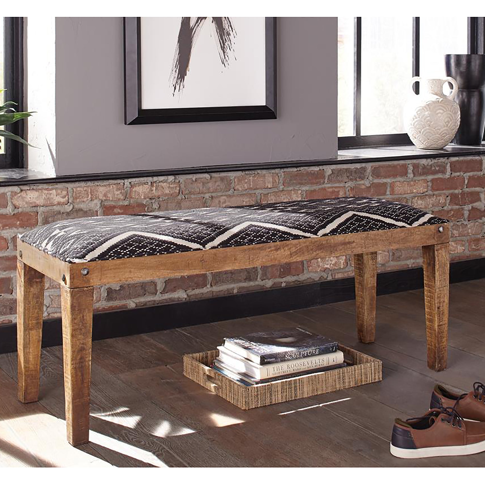 Upholstered Bench with Tapered Legs and Geometric Pattern Seat - Pier 1