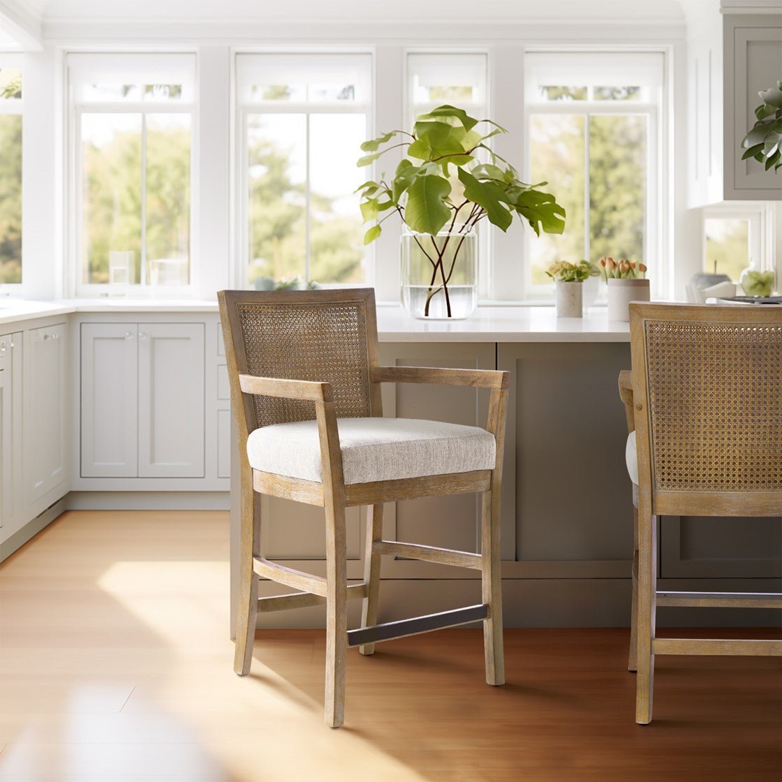 Upholstered Counter Stool with Cane Back and Open Arm Design - Pier 1