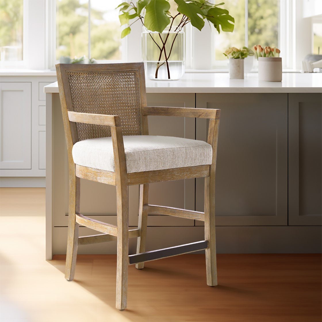 Upholstered Counter Stool with Cane Back and Open Arm Design - Pier 1