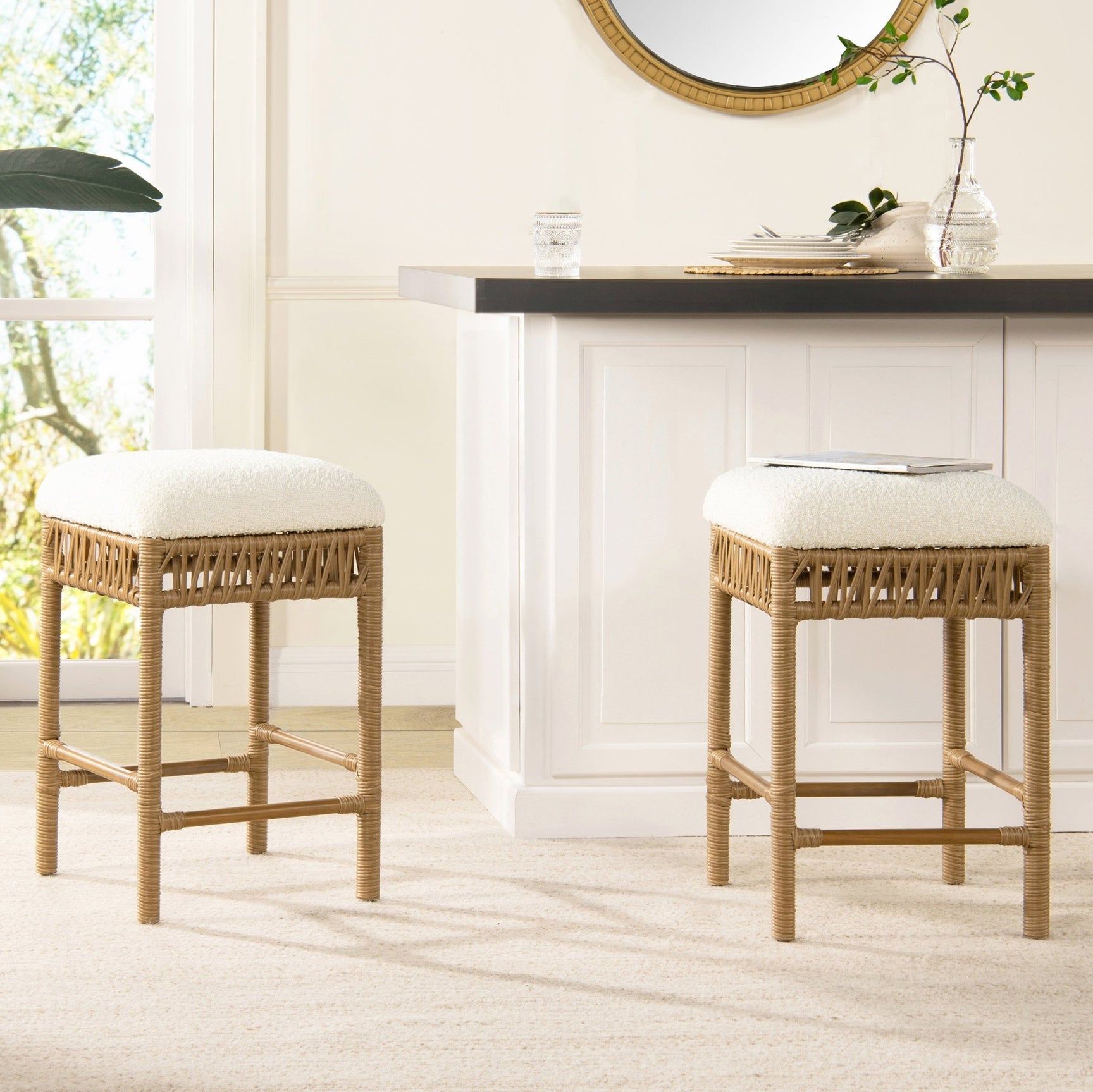 Upholstered Counter Stool with Resin Rattan Frame and Backless Design ...