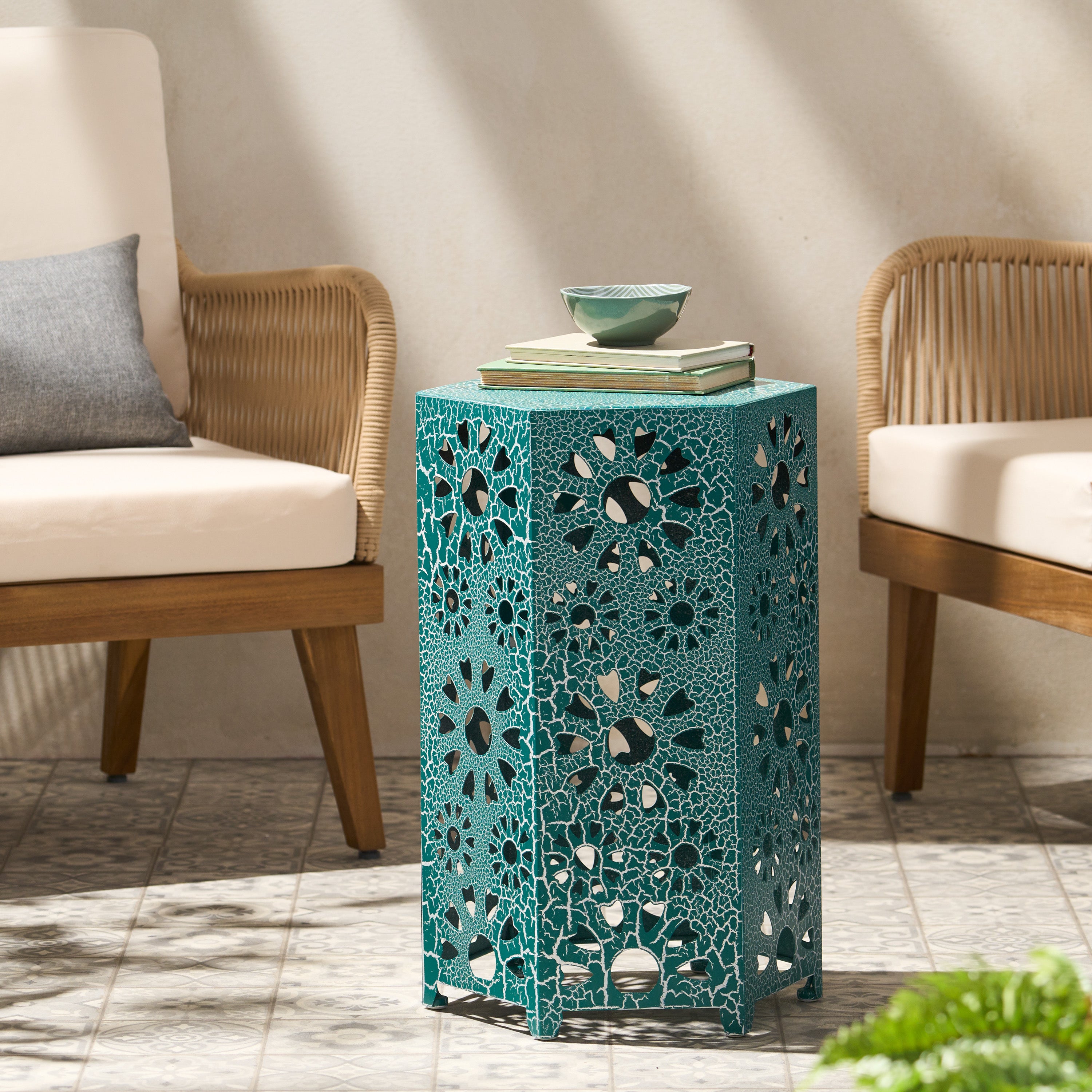Enshrine Outdoor Iron Side Table with Sunburst Cut Out Design - Pier 1