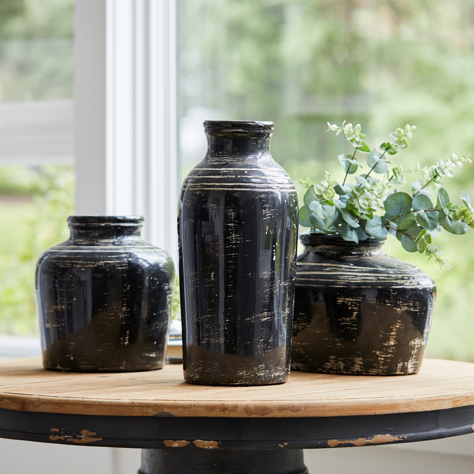 Distressed Black Ceramic 17.5" Vase with Ivory Accent - Pier 1