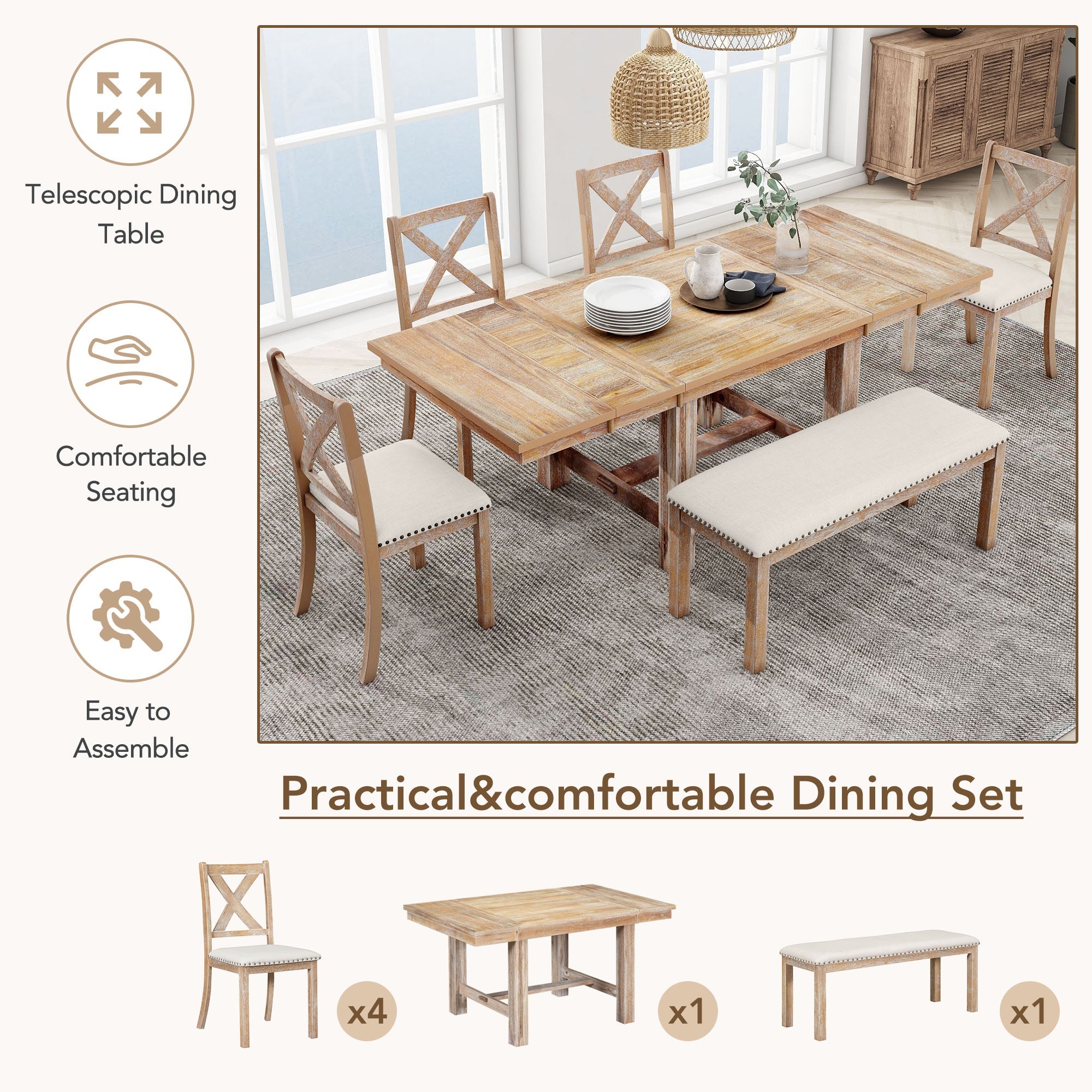 Farmhouse 82" 6-Piece Extendable Dining Table with Footrest, 4 ...