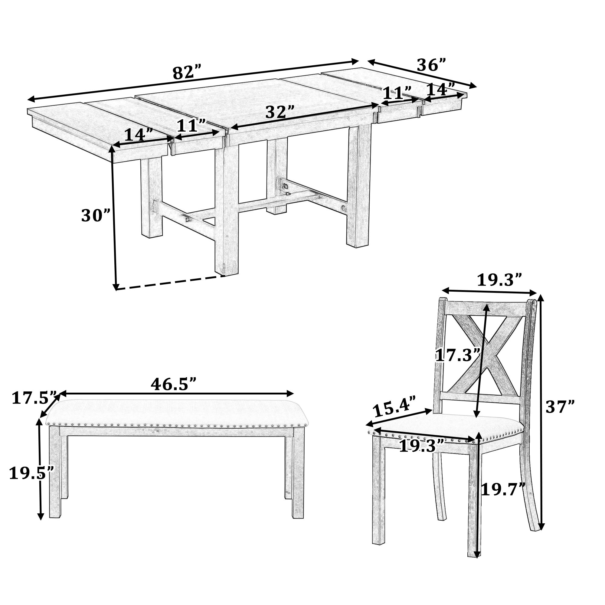 Farmhouse 82" 6-Piece Extendable Dining Table with Footrest, 4 ...