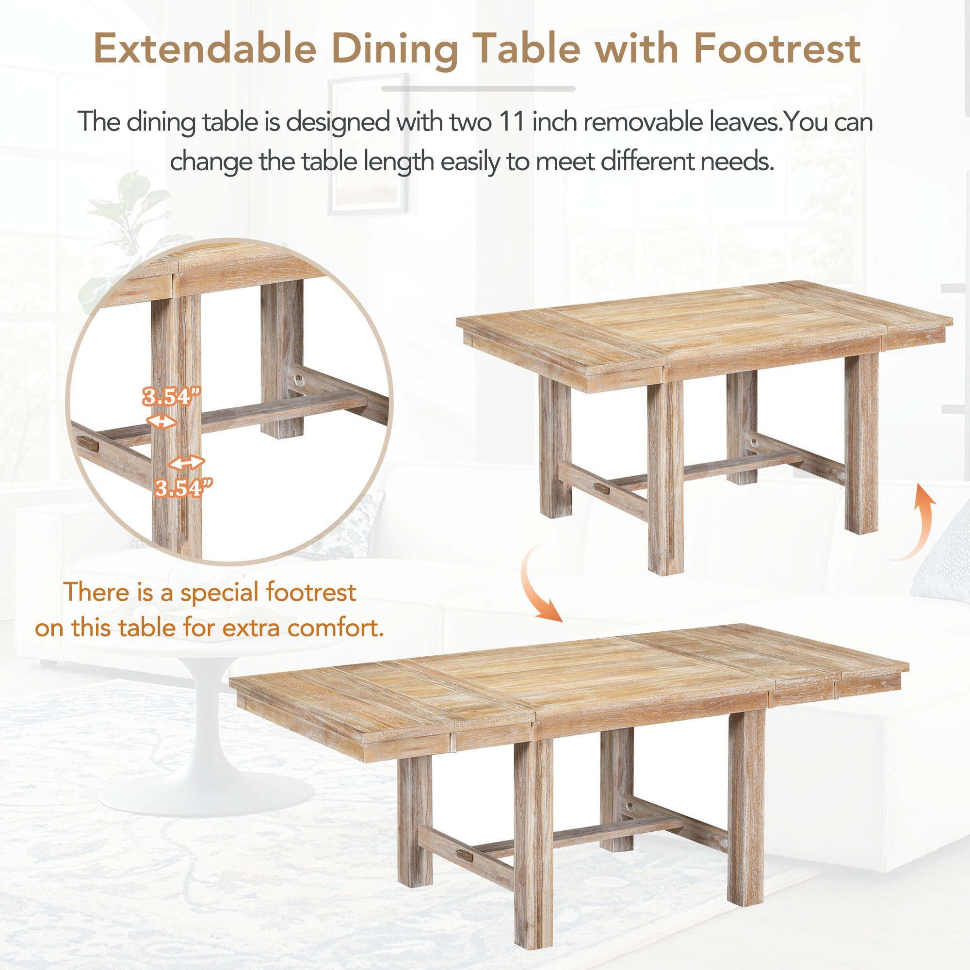 Farmhouse 82" 6-Piece Extendable Dining Table with Footrest, 4 ...